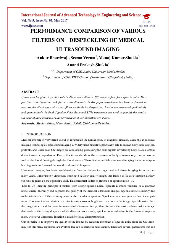 (PDF) Performance Comparison of Various Filters on Despeckling of Medical Ultrasound Imaging