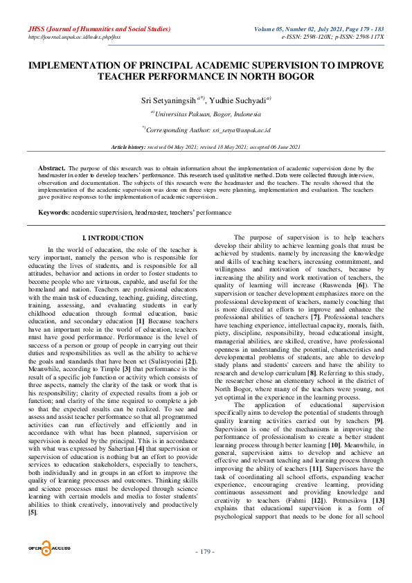 (PDF) Implementation of Principal Academic Supervision to Improve Teacher Performance in North Bogor