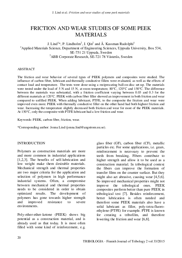 (PDF) Friction and wear studies of some PEEK materials