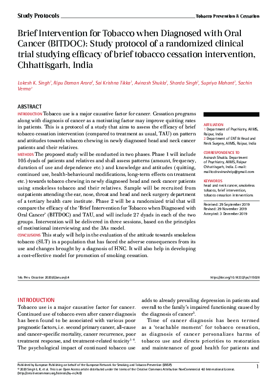 (PDF) Brief Intervention for Tobacco when Diagnosed with Oral Cancer (BITDOC): Study protocol of ...