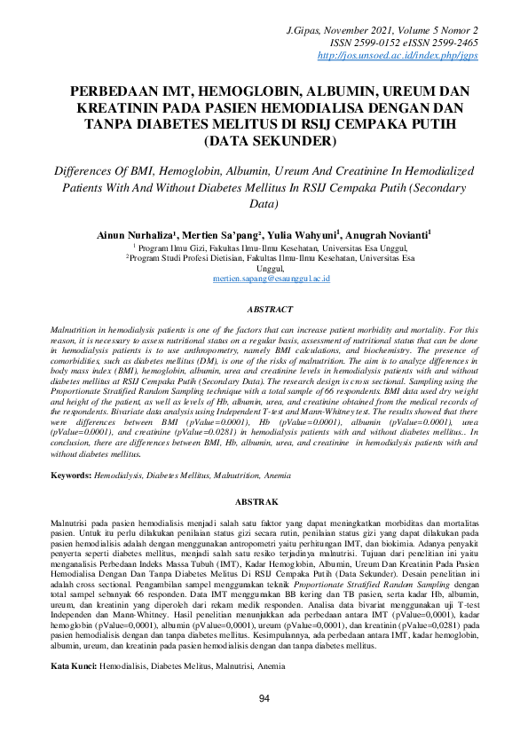 (PDF) Perbedaan Imt, Hemoglobin, Albumin, Ureum Dan Kreatinin Pada ...