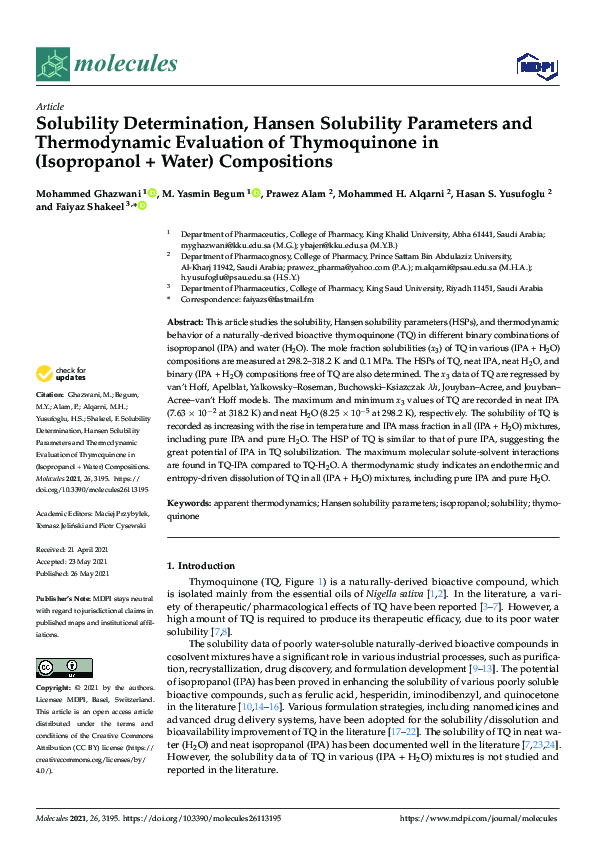 (PDF) Solubility Determination, Hansen Solubility Parameters and Thermodynamic Evaluation of ...