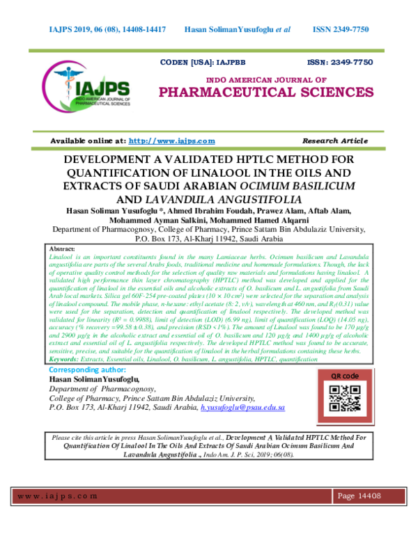 (PDF) Development a Validated HPTLC Method for Quantification of Linalool in the Oils and ...