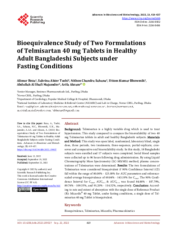 (PDF) Bioequivalence Study of Two Formulations of Telmisartan 40 mg ...