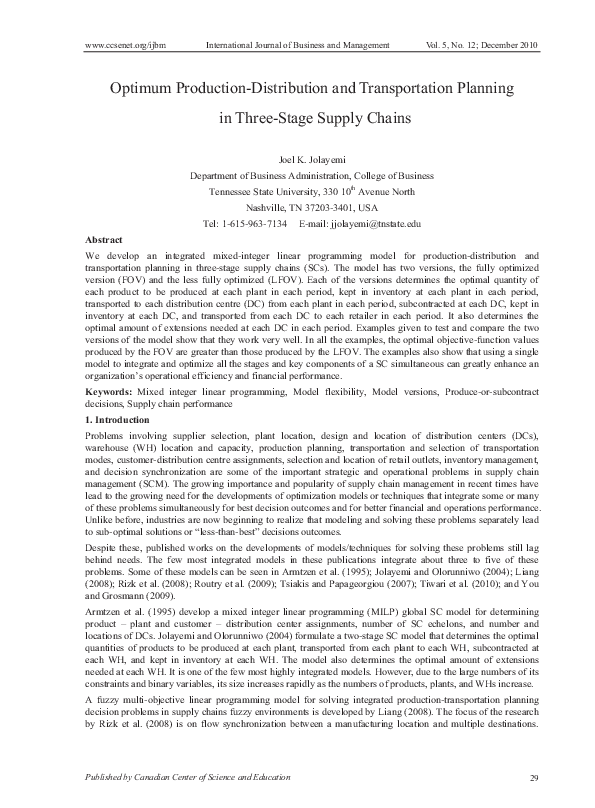 (PDF) Optimum Production-Distribution and Transportation Planning in ...