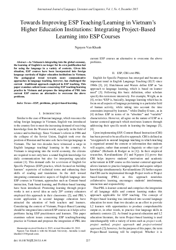 (PDF) Towards Improving ESP Teaching/Learning in Vietnam’s Higher ...