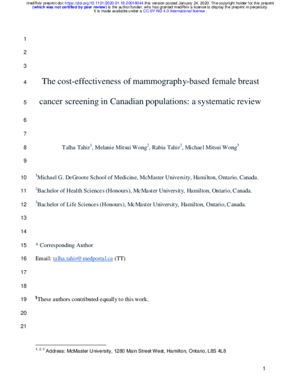 (PDF) The cost-effectiveness of mammography-based female breast cancer screening in Canadian ...