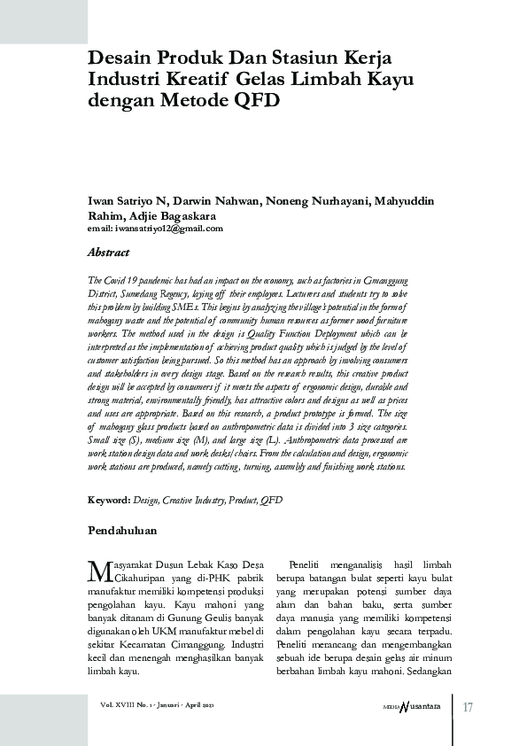 (PDF) Desain Produk Dan Stasiun Kerja Industri Kreatif Gelas Limbah Kayu dengan Metode QFD