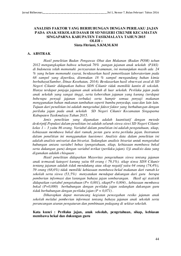 (PDF) Analisis Faktor Yang Berhubungan Dengan Perilaku Jajan Pada Anak Sekolah Dasar DI SD ...