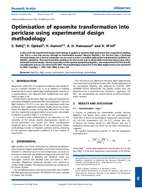 (PDF) Optimisation of epsomite transformation into periclase using ...