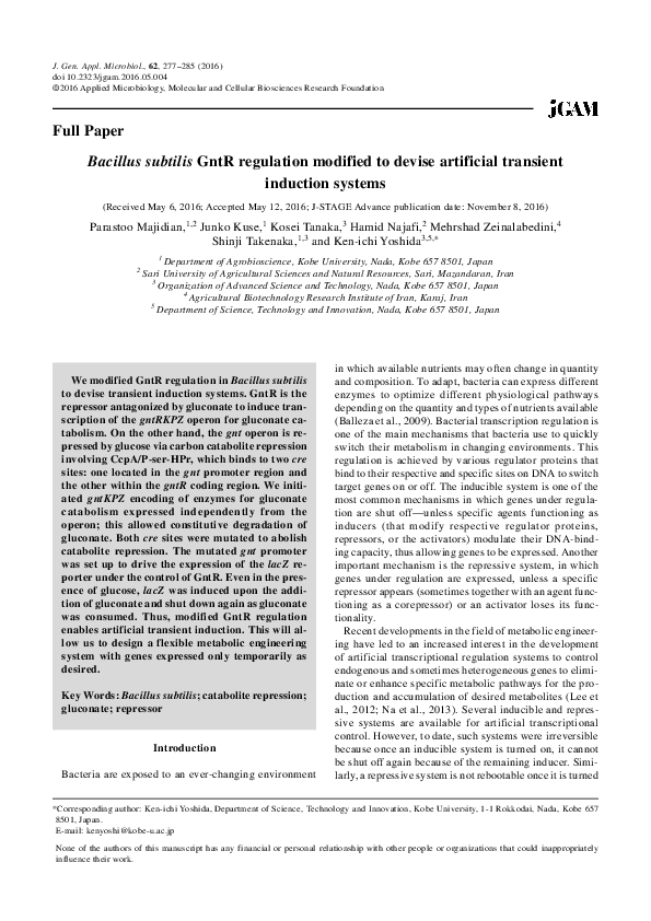 Pdf Bacillus Subtilis Gntr Regulation Modified To Devise Artificial Transient Induction Systems