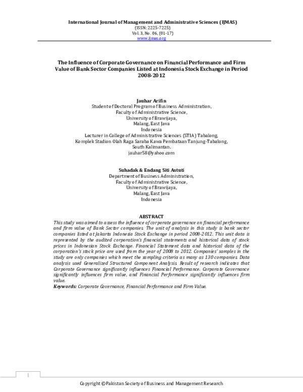 (PDF) The Influence of Corporate Governance on Financial Performance and Firm Value of Bank ...
