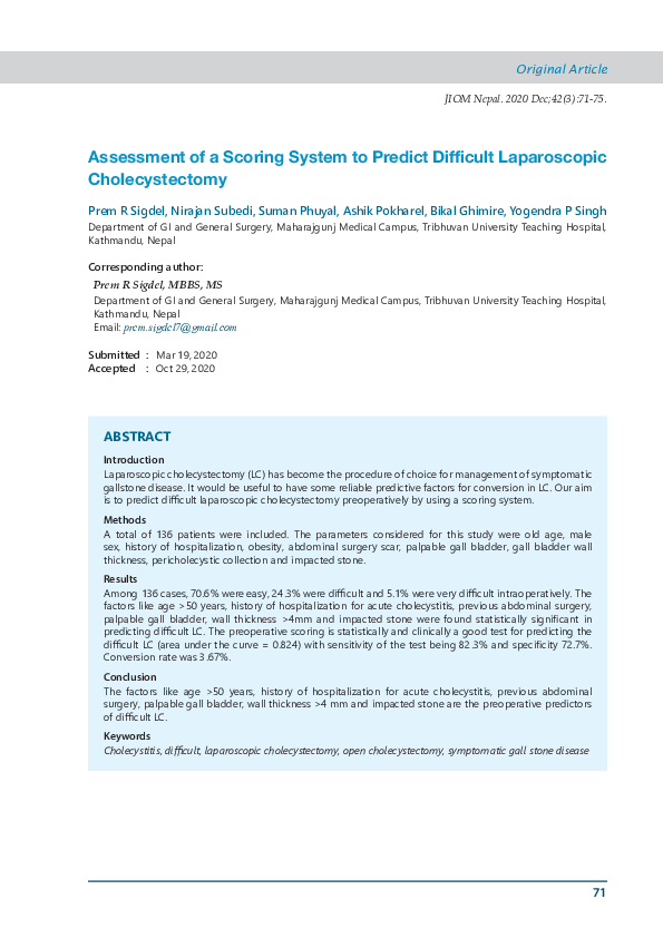 Pdf Assessment Of A Scoring System To Predict Difficult Laparoscopic Cholecystectomy Bikal