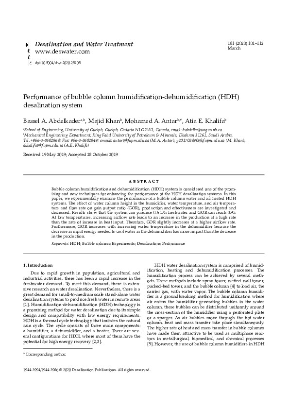(PDF) Performance of bubble column humidification-dehumidification (HDH ...