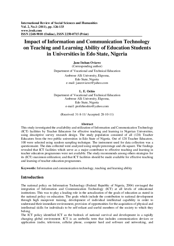 Pdf Impact Of Information And Communication Technology On Teaching
