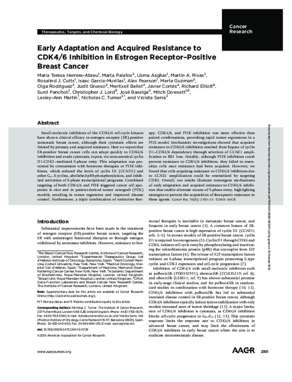 (PDF) Early Adaptation and Acquired Resistance to CDK4/6 Inhibition in ...