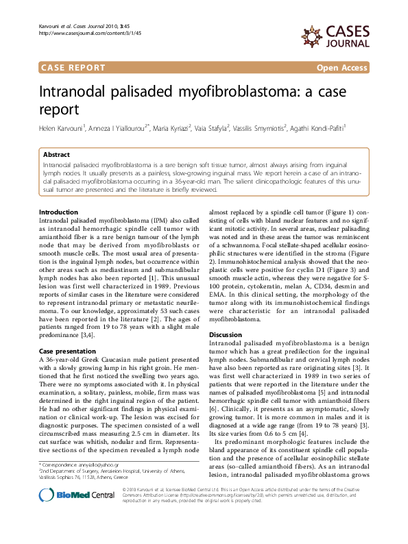 Pdf Intranodal Palisaded Myofibroblastoma A Case Report