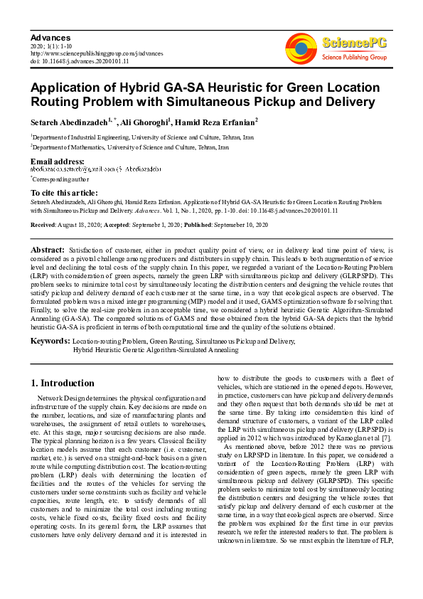 (PDF) Application of Hybrid GA-SA Heuristic for Green Location Routing Problem with Simultaneous ...