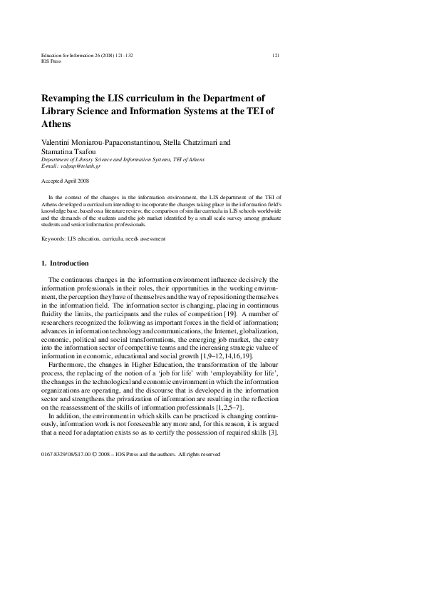 (PDF) Revamping the LIS curriculum in the Department of Library Science ...