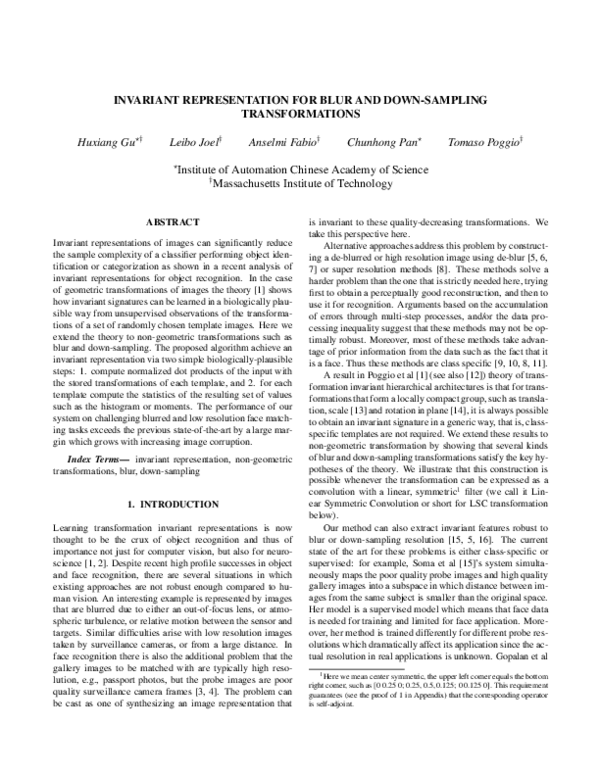 Pdf Invariant Representation For Blur And Down Sampling Transformations