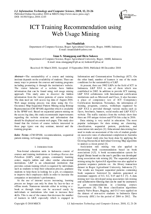 Pdf Ict Training Recommendation Using Web Usage Mining