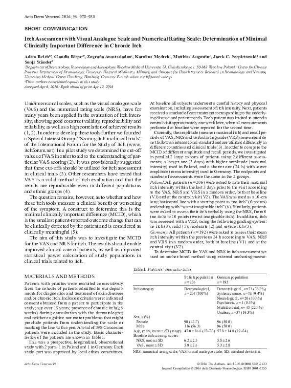 (PDF) Itch Assessment with Visual Analogue Scale and Numerical Rating ...