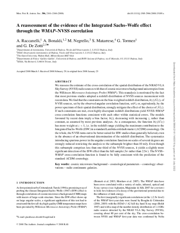 (PDF) A reassessment of the evidence of the Integrated Sachs–Wolfe effect through the WMAP–NVSS ...