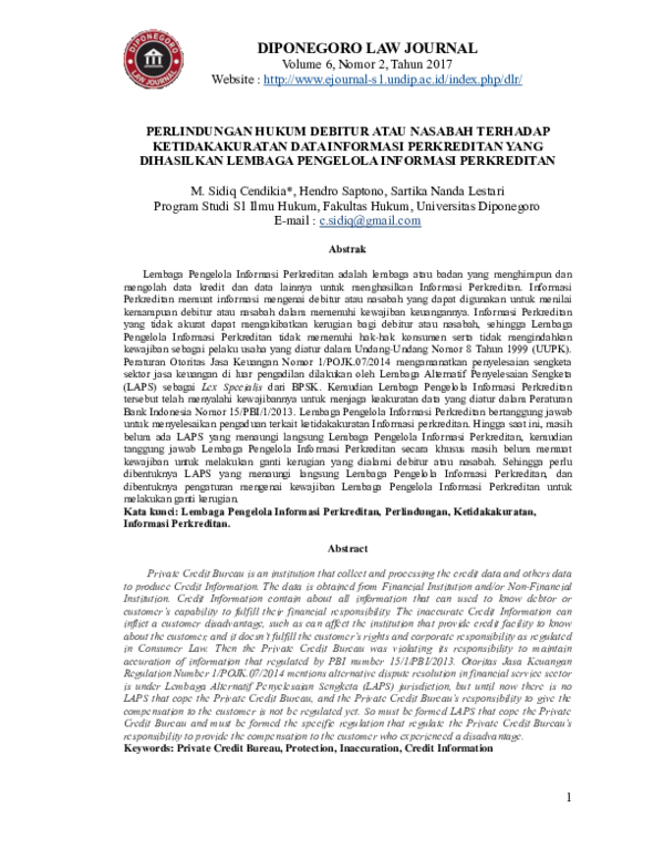 (PDF) Perlindungan Hukum Debitur Atau Nasabah Terhadap Ketidakakuratan Data Informasi ...