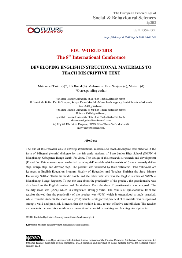 (PDF) Developing English Instructional Materials To Teach Descriptive Text
