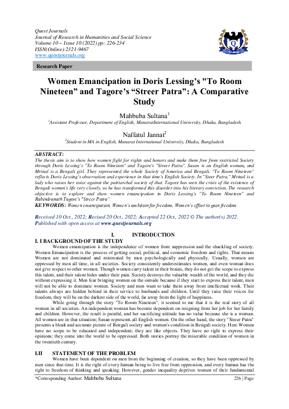 (PDF) Women Emancipation in Doris Lessing's "To Room Nineteen" and ...
