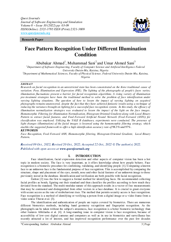 Pdf Face Pattern Recognition Under Different Illumination Condition