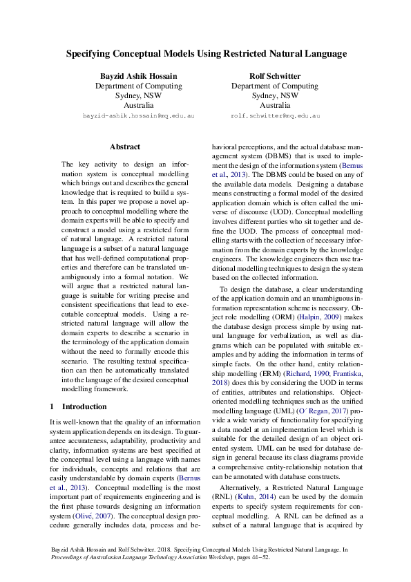 (PDF) Specifying Conceptual Models Using Restricted Natural Language