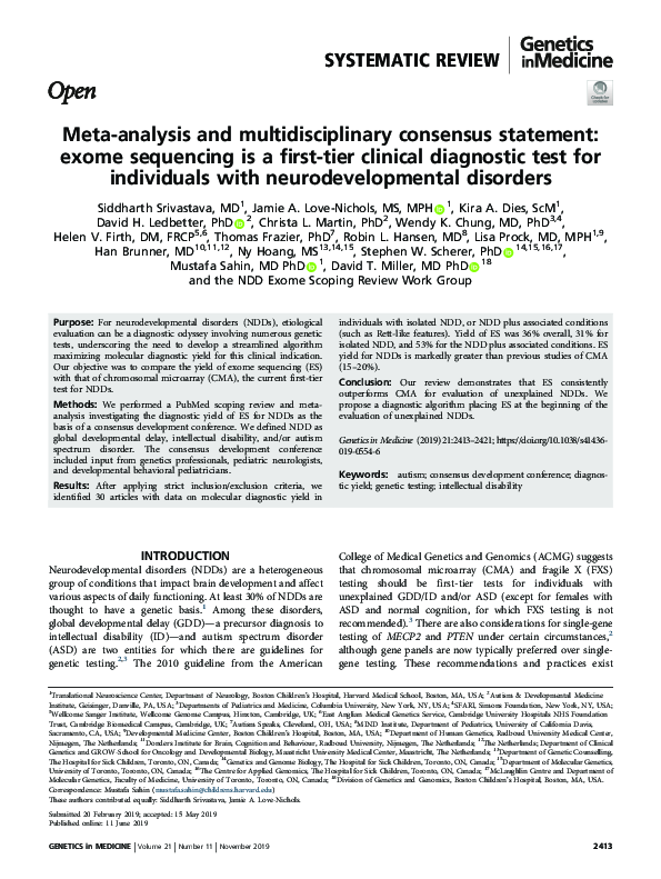 Pdf Meta Analysis And Multidisciplinary Consensus Statement Exome Sequencing Is A First Tier