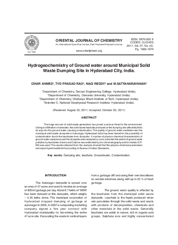 (PDF) Hydrogeochemistry of Ground water around Municipal Solid Waste ...