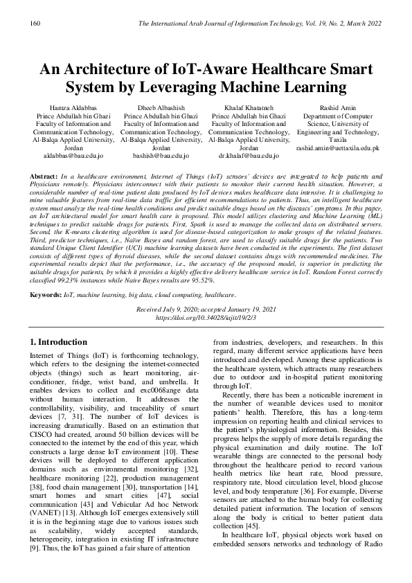 (PDF) An Architecture of IoT-Aware Healthcare Smart System by Leveraging Machine Learning