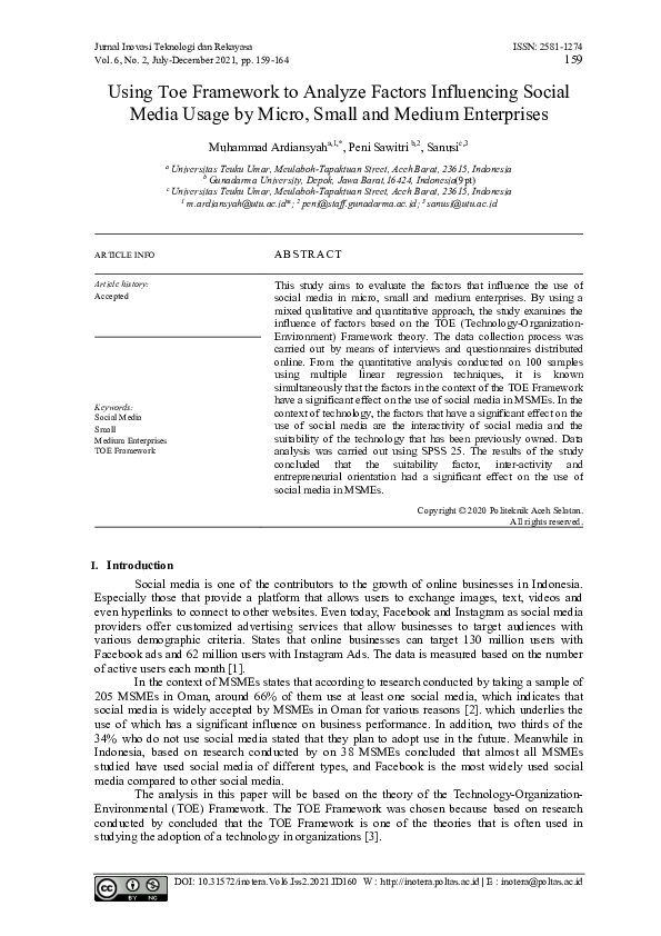 (PDF) Using Toe Framework to Analyze Factors Influencing Social Media Usage by Micro, Small And ...