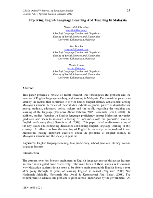 (PDF) Exploring English Language Learning And Teaching In Malaysia