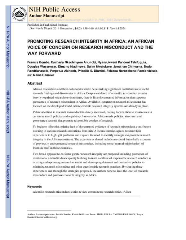 (PDF) Promoting Research Integrity in Africa: An African Voice of ...