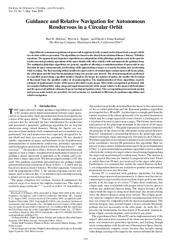Pdf Guidance And Relative Navigation For Autonomous Rendezvous In A Circular Orbit Hari