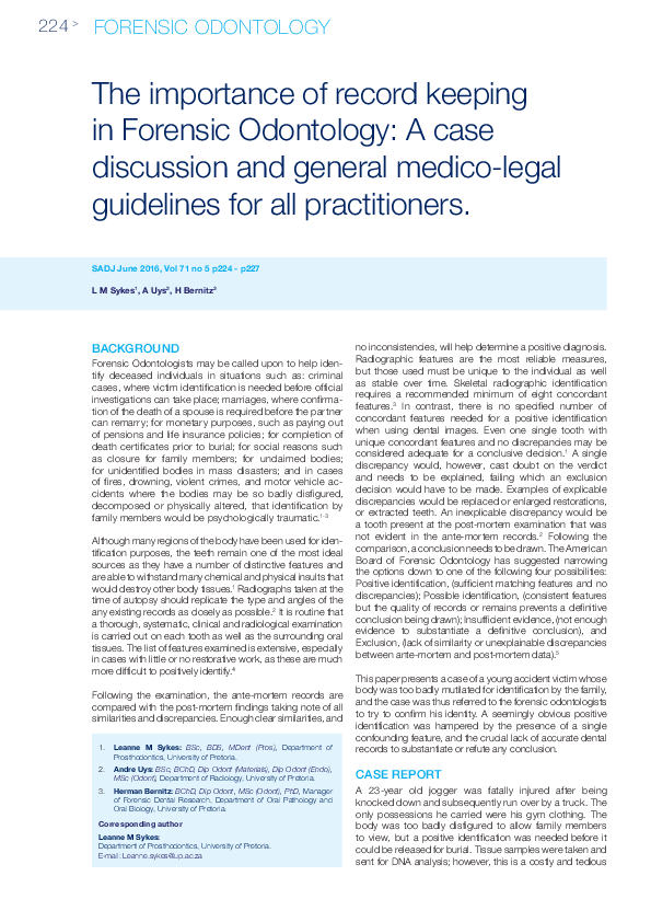 (PDF) The importance of record keeping in Forensic Odontology: A case ...