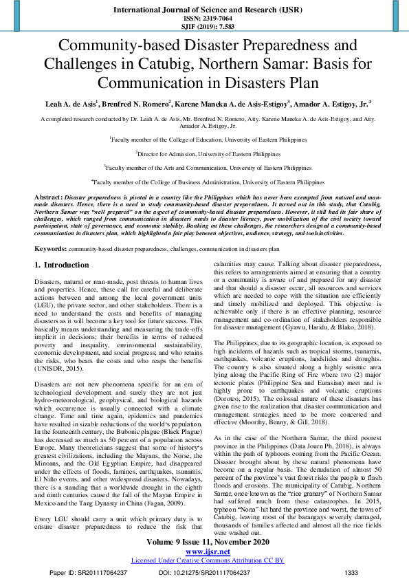 (PDF) Community-based Disaster Preparedness and Challenges in Catubig, Northern Samar: Basis for ...