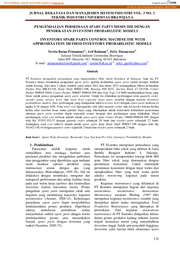 (PDF) Pengendalian Persediaan Spare Parts Mesin D3E Dengan Pendekatan ...