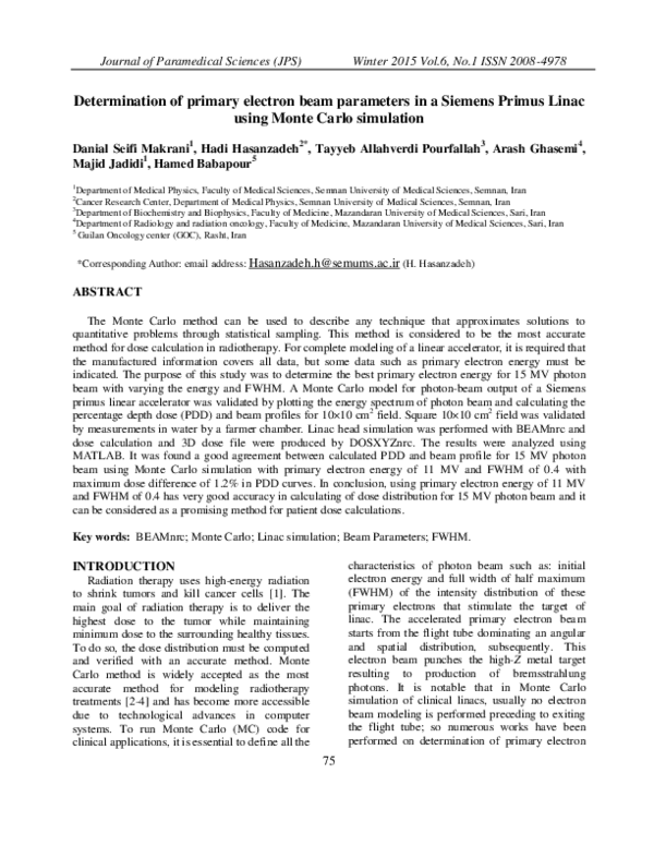 (PDF) Determination of primary electron beam parameters in a Siemens Primus Linac using Monte ...
