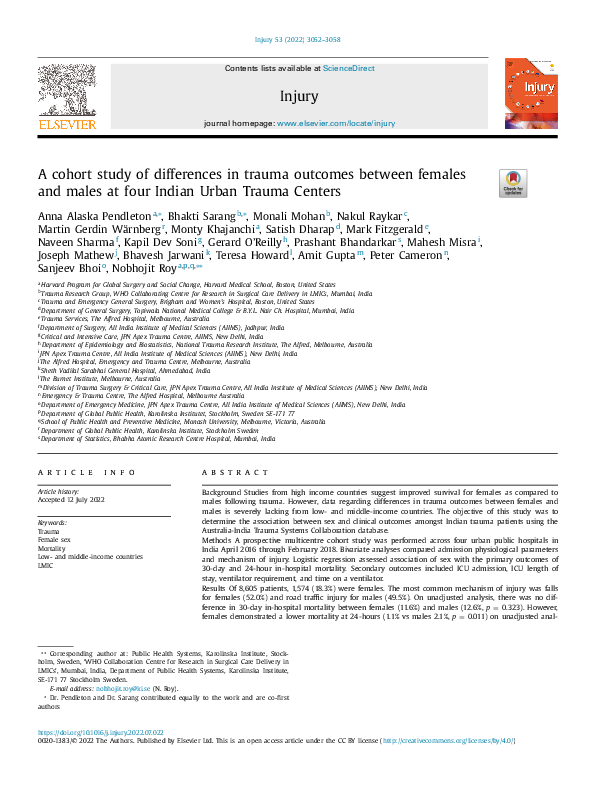 (PDF) A cohort study of differences in trauma outcomes between females ...
