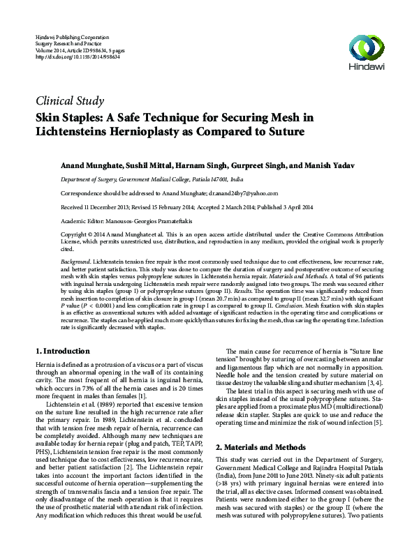 (PDF) Skin staples: a safe technique for securing mesh in lichtensteins ...