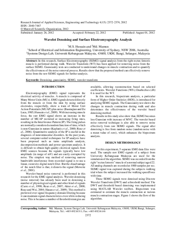 (PDF) Wavelet denoising and surface electromyography analysis