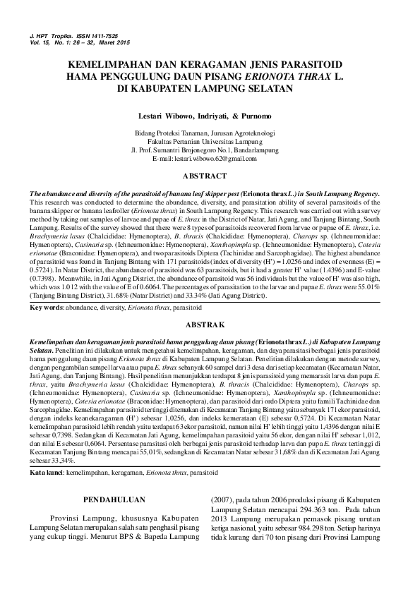 (PDF) Kemelimpahan Dan Keragaman Jenis Parasitoid Hama Penggulung Daun ...