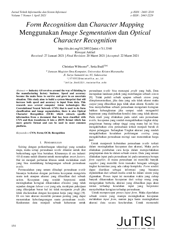 (PDF) Form Recognition dan Character Mapping Menggunakan Image Segmentation dan Optical ...