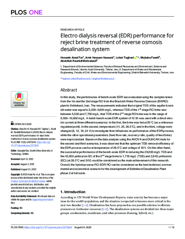 (PDF) Electro dialysis reversal (EDR) performance for reject brine ...