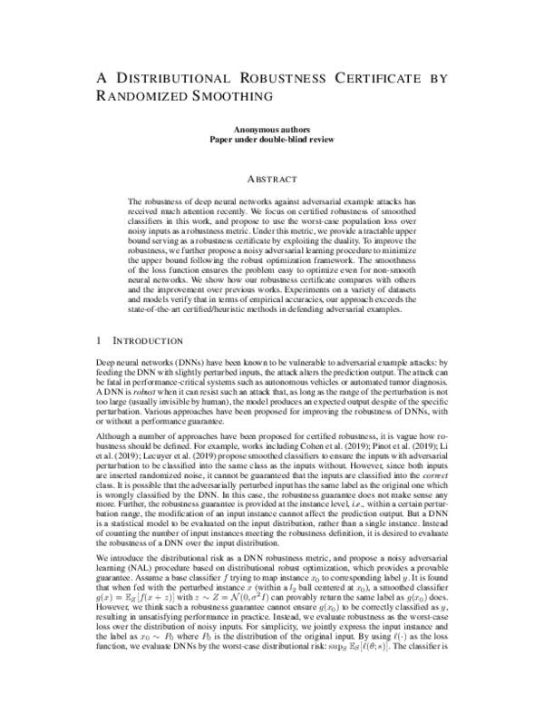(PDF) A Distributional Robustness Certificate by Randomized Smoothing